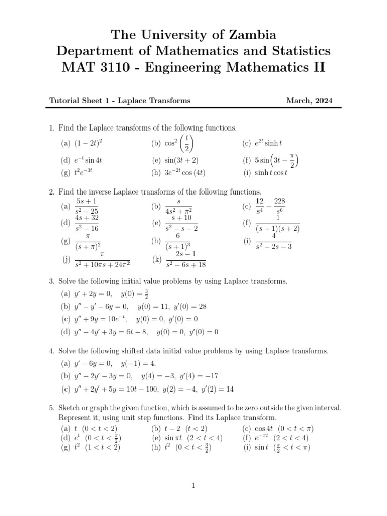 Mat 3110 Tutorial Sheet 1 2023 24 | PDF | Function (Mathematics) | Laplace Transform