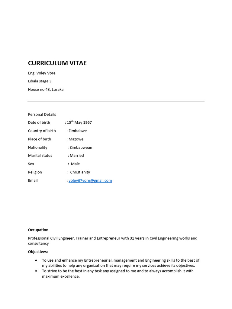Engineer Voley CV 2024 | PDF | Road | Zimbabwe