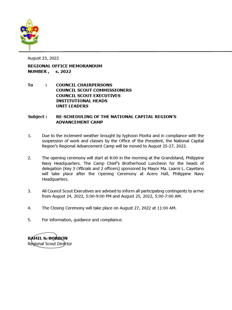 MEMO-RE-SCHEDULING-OF-THE-REGIONAL-ADVANCEMENT-CAMP | PDF