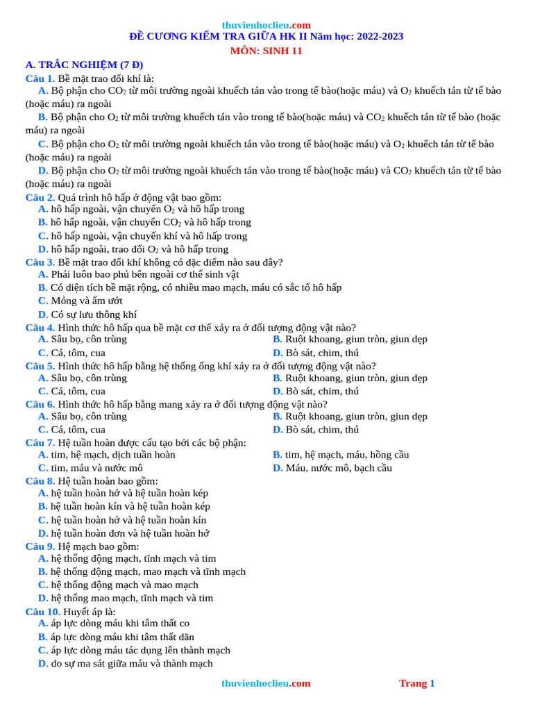 Thuvienhoclieu.com de Cuong on Tap Sinh 11 Giua HK2 | PDF
