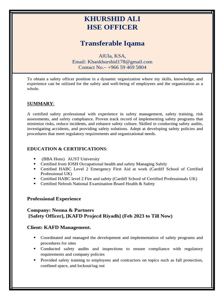 Khurshid Ali Resume (1) (1) | PDF | Safety | Occupational Safety And Health