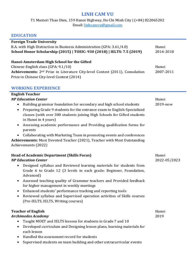 Linh Cam Vu - CV (Eng) - Vu Linh | PDF | Hanoi | Teachers