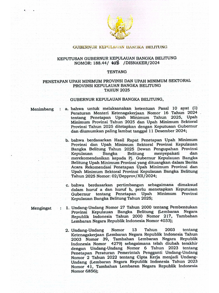 Bangka Belitung SK UMP 2025 - SK UMP 2025 | PDF