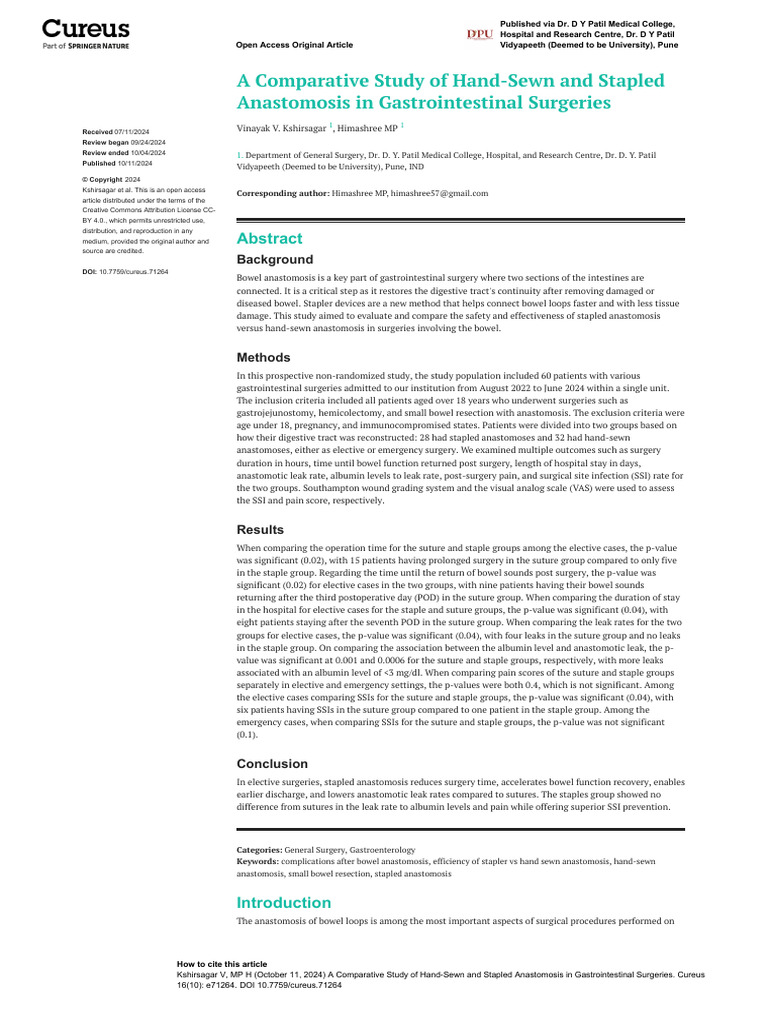 A Comparative Study of Hand Sewn and Stapled Anastomosis in ...