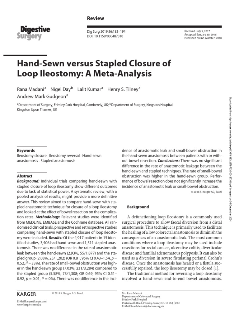 Hand Sewn Versus Stapled Closure of Loop Ileostomy A Meta-Analysis ...