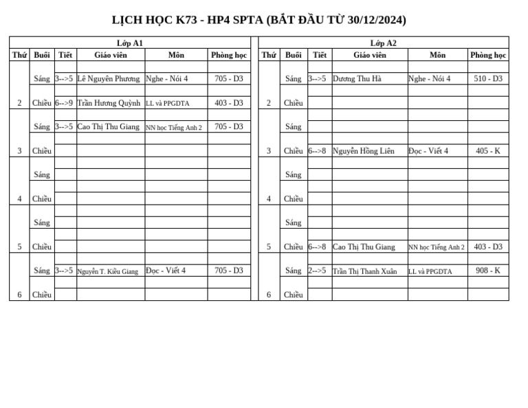 Lịch học K73 - HP4 lớp A1 + A2 SPTA | PDF