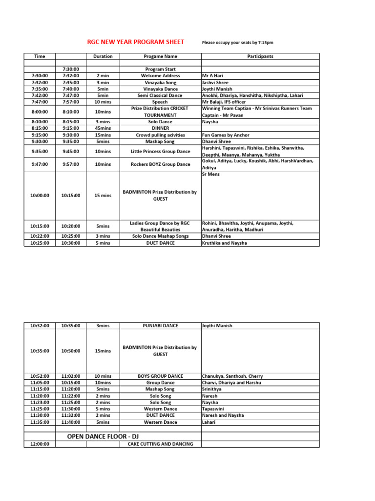 New Year Program Sheet | PDF