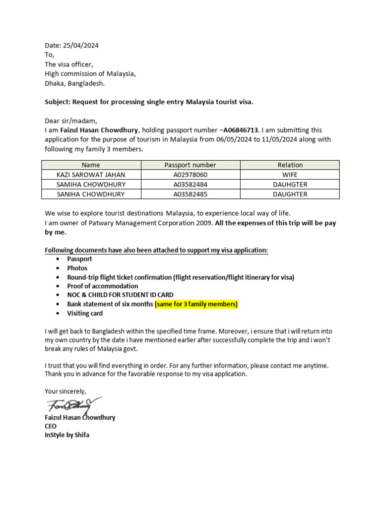 Malaysia Forwarding Letter FOR VISA | PDF