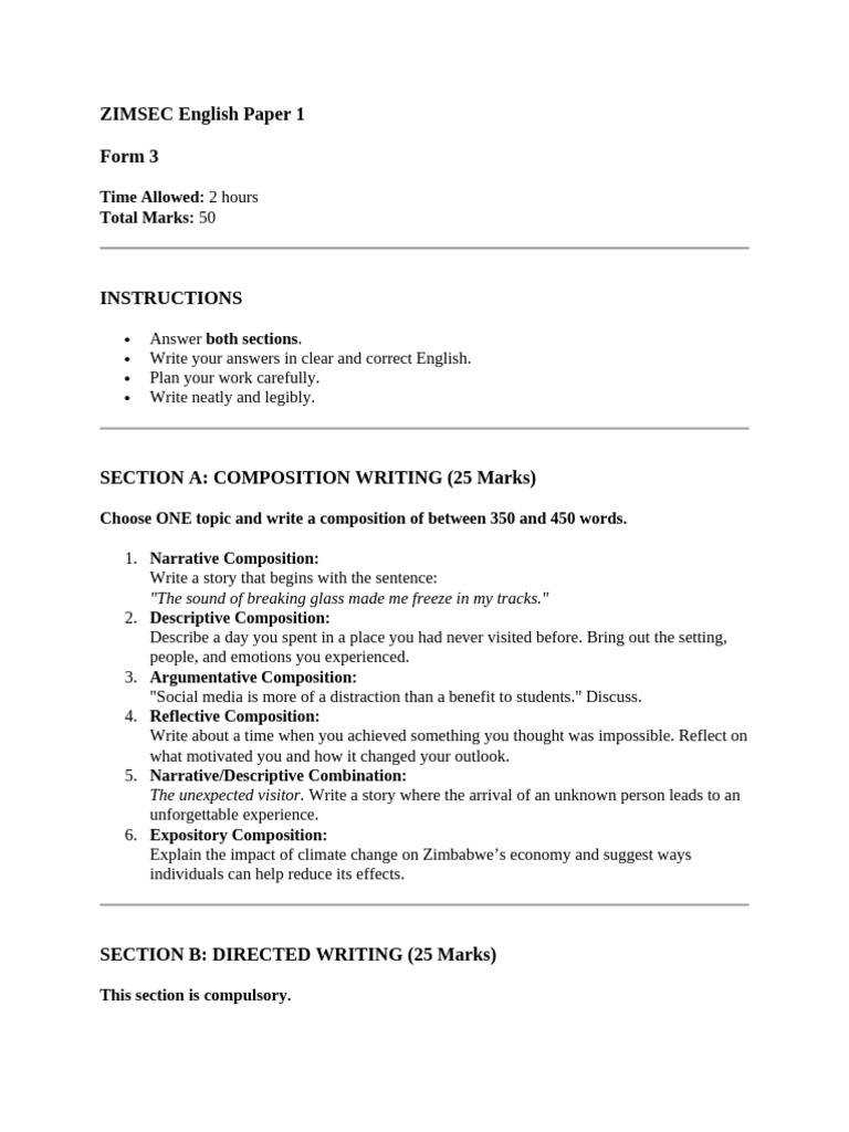 ZIMSEC English Paper 1 Form 3 | PDF