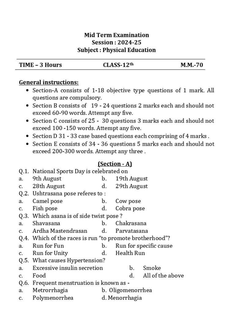 12th Phy. Edu. Eng. Medium (2) | PDF | Asana | Diseases And Disorders
