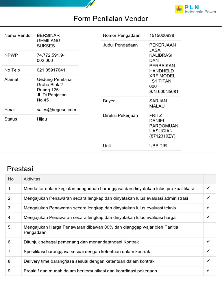 Form Penilaian Vendor - BERSINAR GEMILANG SUKSES - PEKERJAAN JASA KALIBRASI DAN PERBAIKAN ...