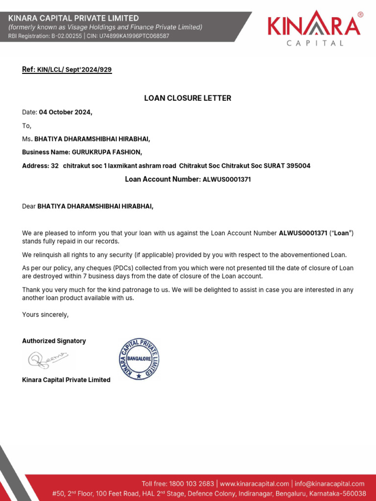 Normal Loan Closure Letter - 04-10-2024 - Splitted | PDF
