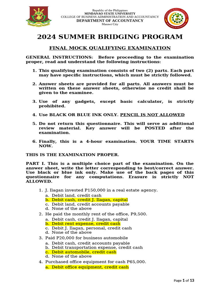 Final Mock Exam 2024-Answer Keys | PDF | Taxes | Debits And Credits