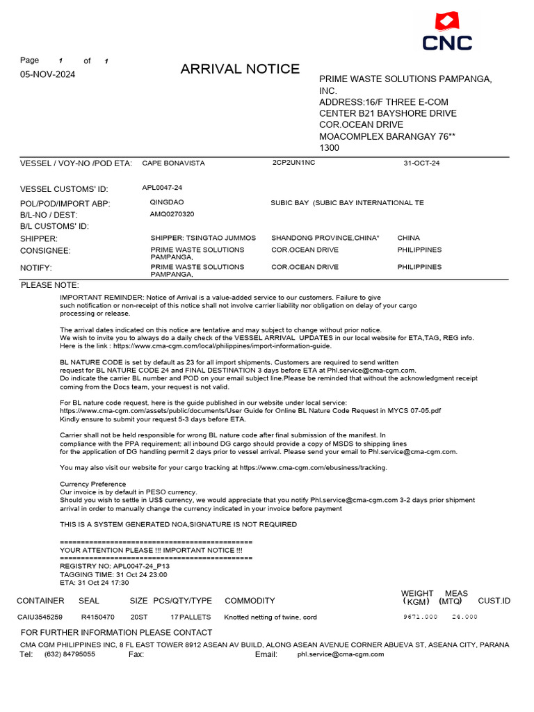 CMA CGM Arrival Notice for Cargo | PDF | Freight Transport