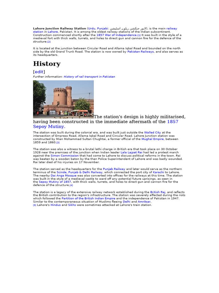 Lahore Junction Railway Station History | PDF | Pakistan | South Asia
