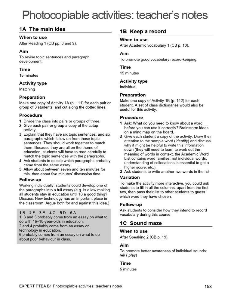 Photocopiable Activities Teacher's Notes | PDF | Vocabulary | Memory