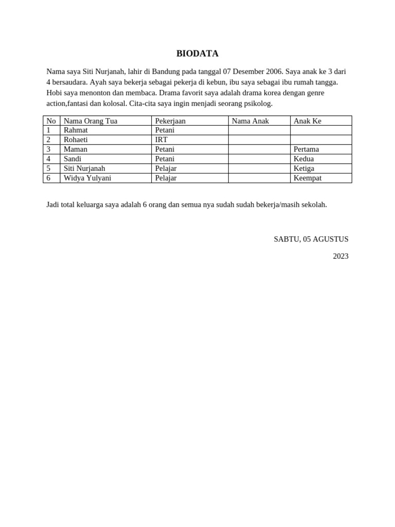 Biodata Siti Nur | PDF