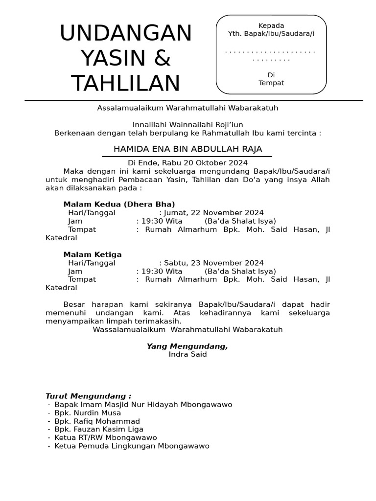 Undangan Yasin dan Tahlilan Hamida | PDF