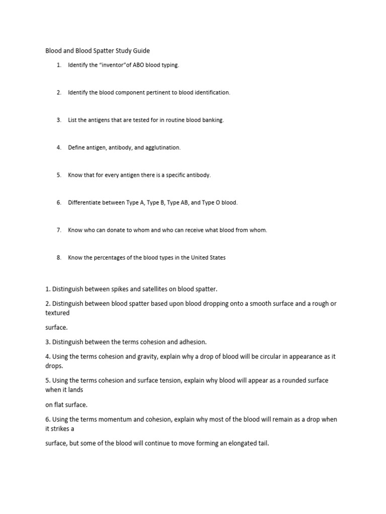 Blood Spatter Analysis Study Guide | PDF | Blood | Tissue (Biology)