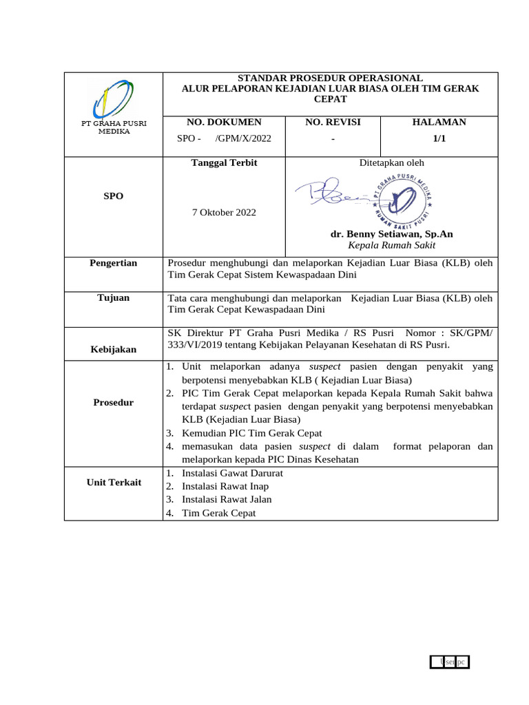 SPO Alur Pelaporan Tim Gerak Cepat KLB | PDF