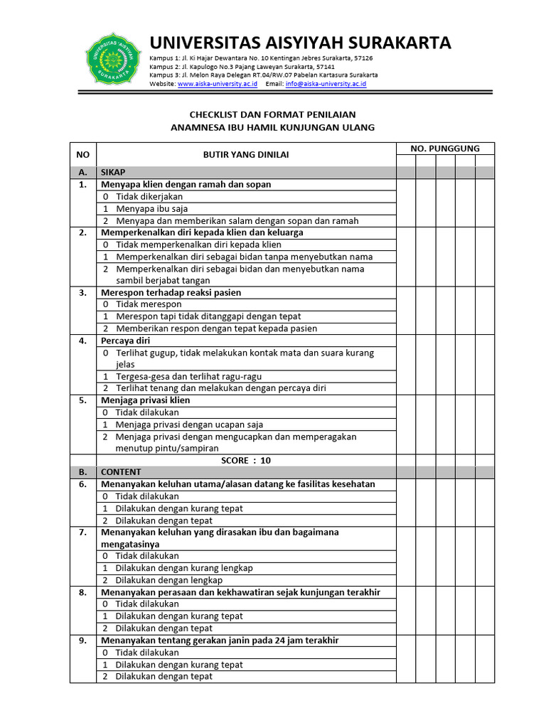 P1_Checklist anamnesis kehamilan kunjungan ulang Sarjana Kebidanan (S1) Asuhan Kehamilan ...