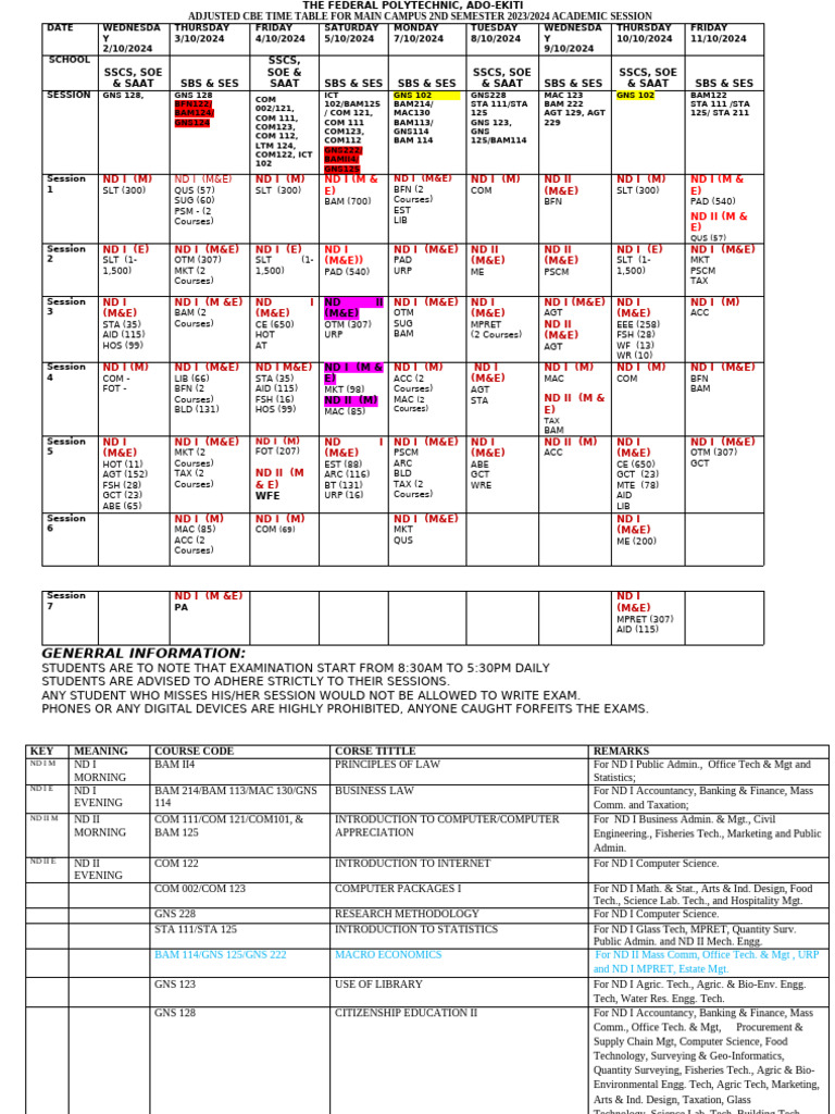 Adjusted Cbe Time Table For Main Campus 2nd Semester 2023-2024 | PDF | Economies | Engineering