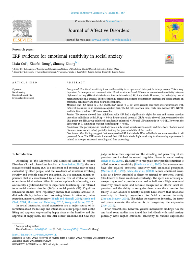 Journal of Affective Disorders: Lixia Cui, Xiaofei Dong, Shuang Zhang ...