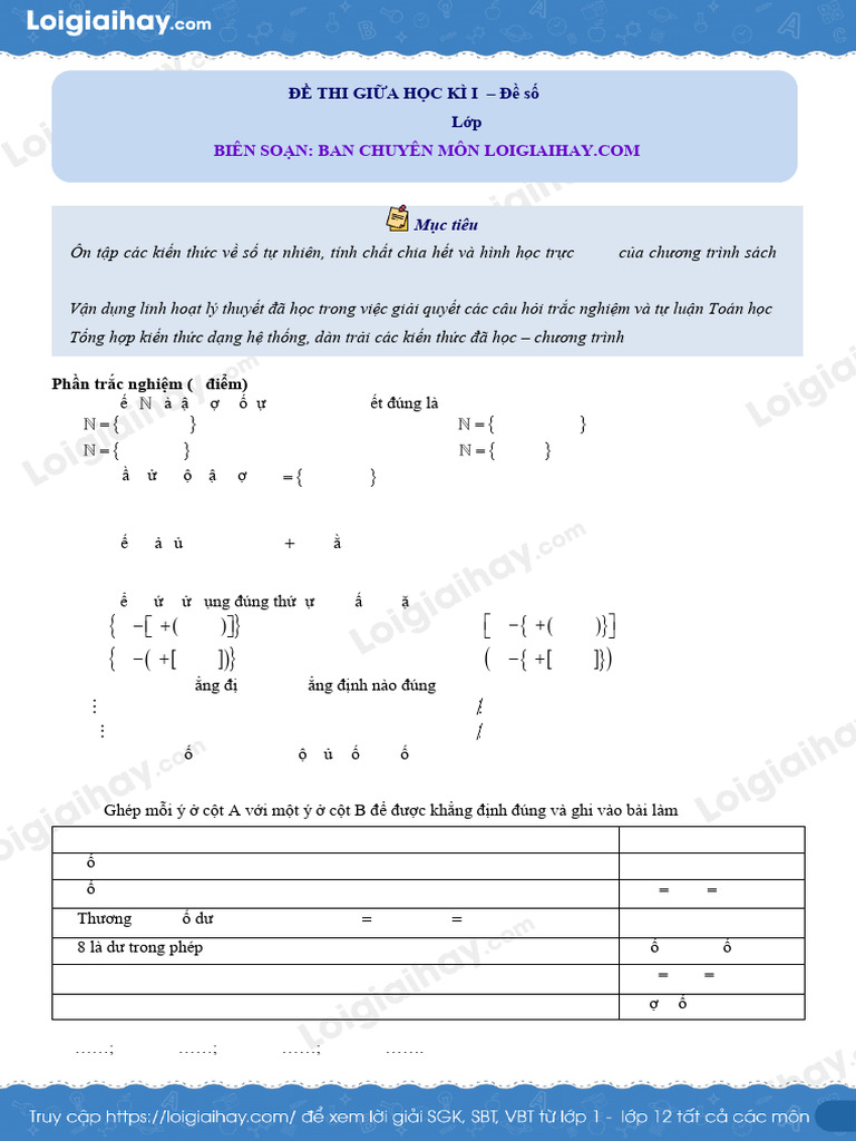 De Kiem Tra Giua Hoc Ki 1 Toan 6 de So 10 Ket Noi Tri Thuc 1697438951 | PDF