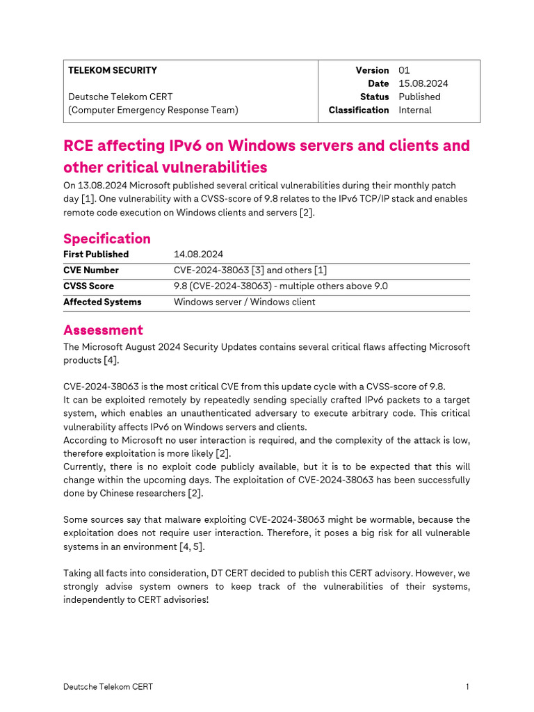 20240815_CERT_Advisory_MS_IPv6_Vulnerability | PDF | Vulnerability (Computing) | Microsoft Windows