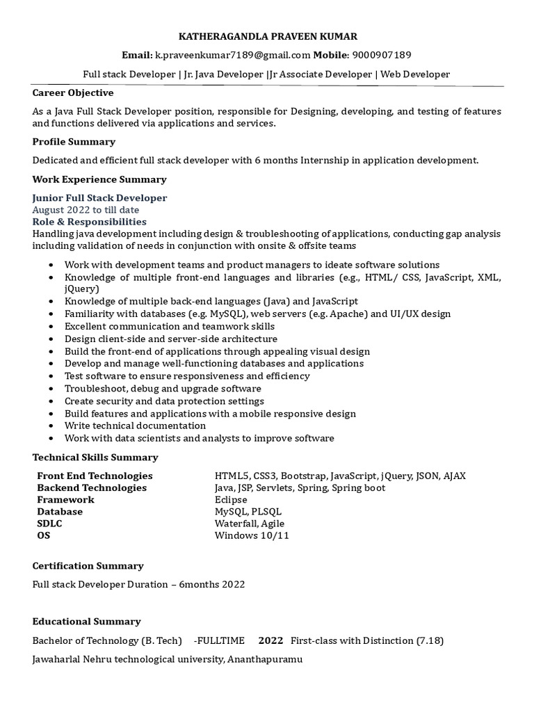Fullstack - Developer - CV - 1724296737305 - Praveen Kumar | PDF | Sql | Databases