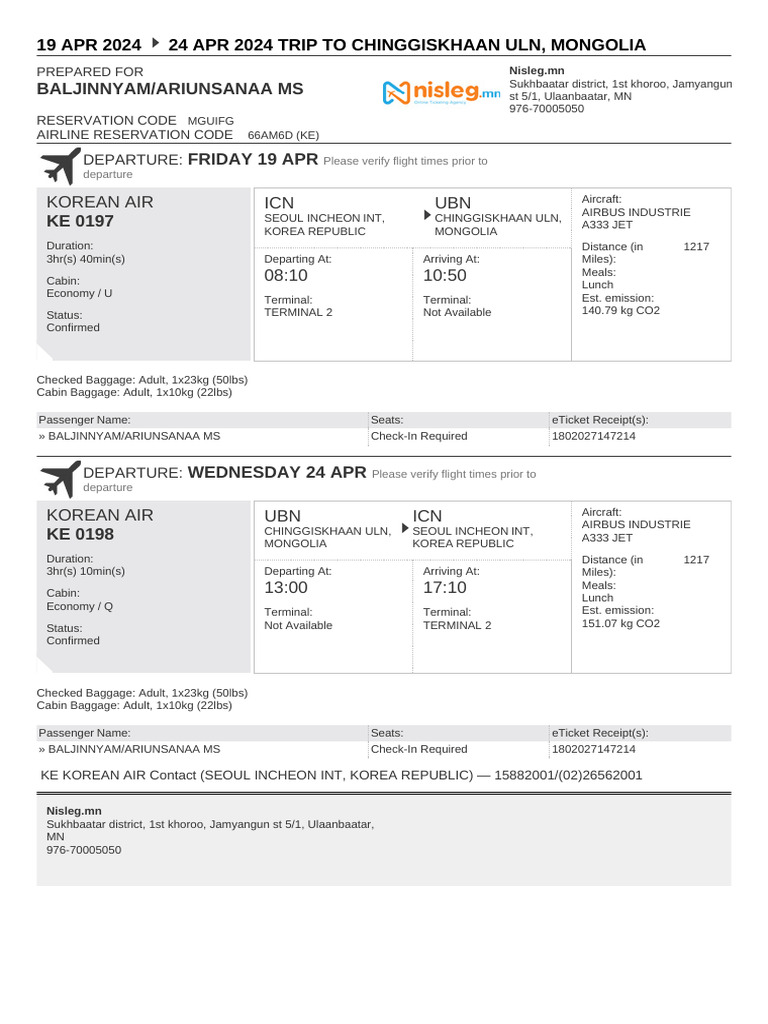 Travel Reservation April 19 For MS ARIUNSANAA BALJINNYAM | PDF ...