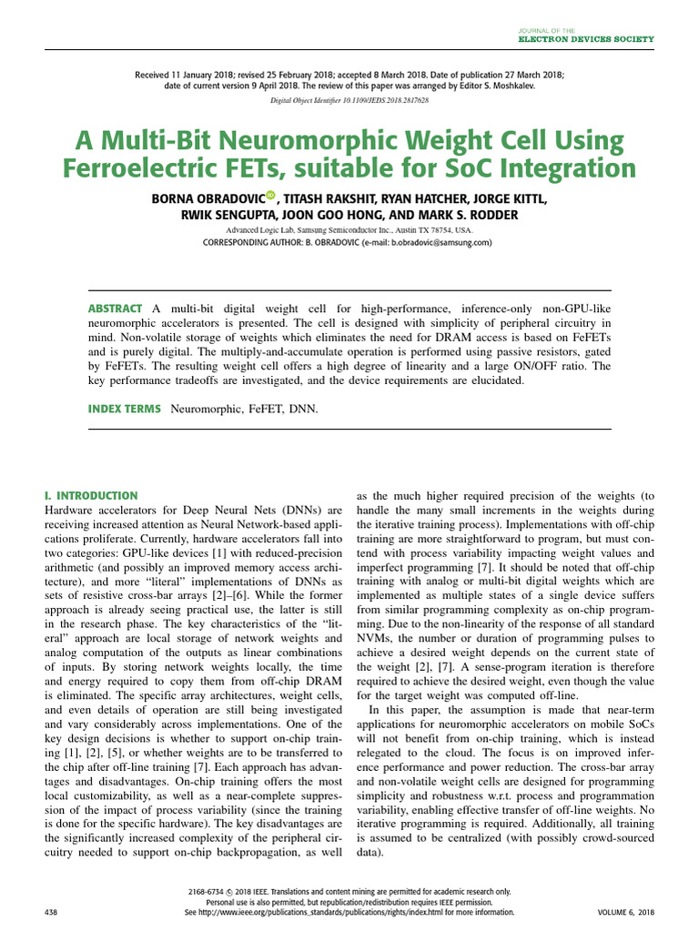A Multi-Bit Neuromorphic Weight Cell Using Ferroelectric FETs Suitable For SoC Integration | PDF ...
