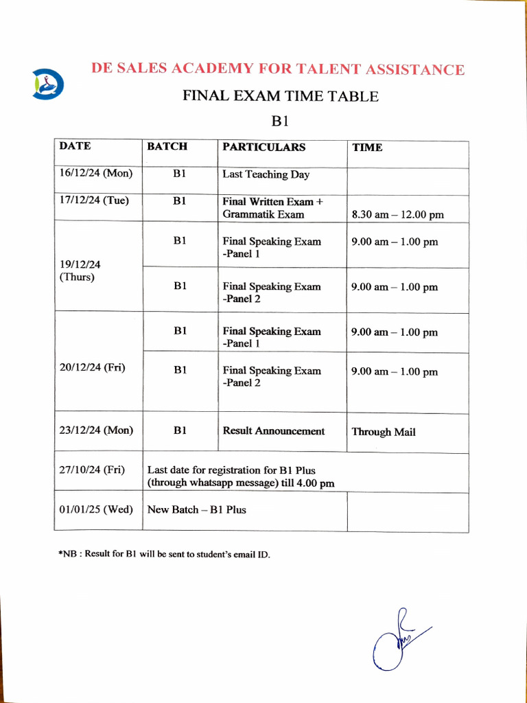B1 Final Exam Timetable | PDF