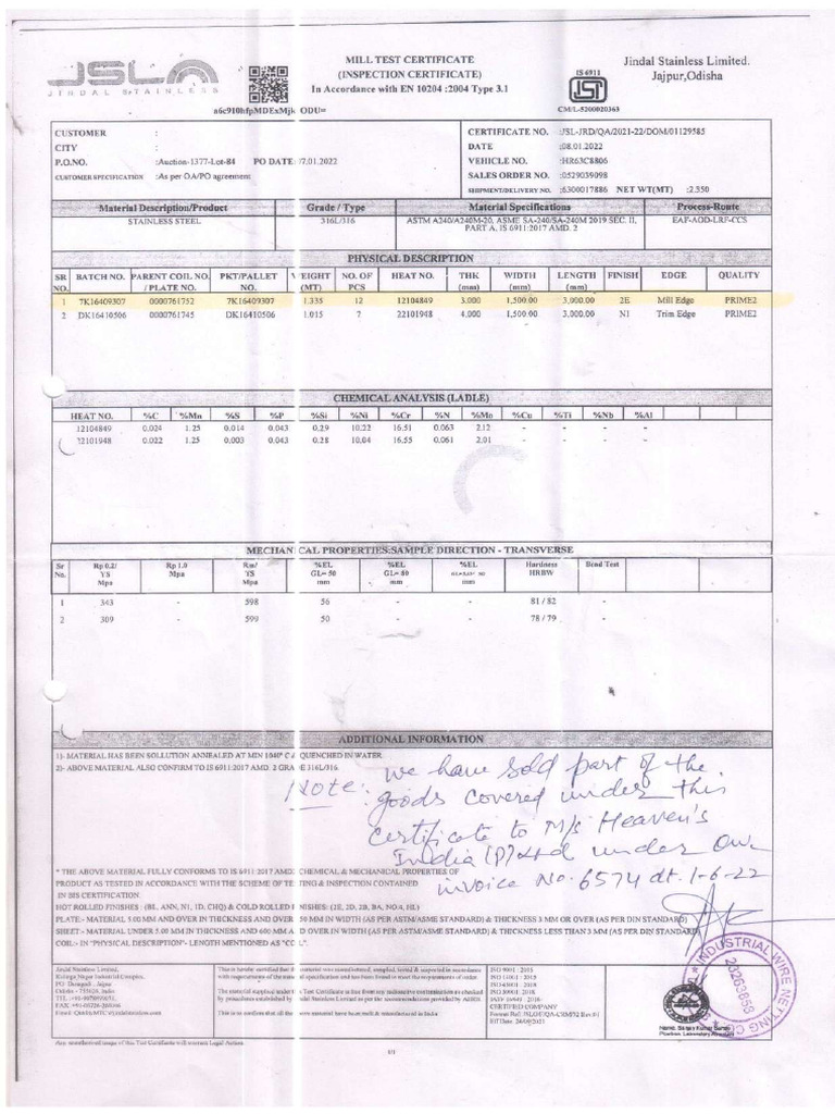 MTC of S.S.-316L Sheet - (3MM, 4MM) | PDF