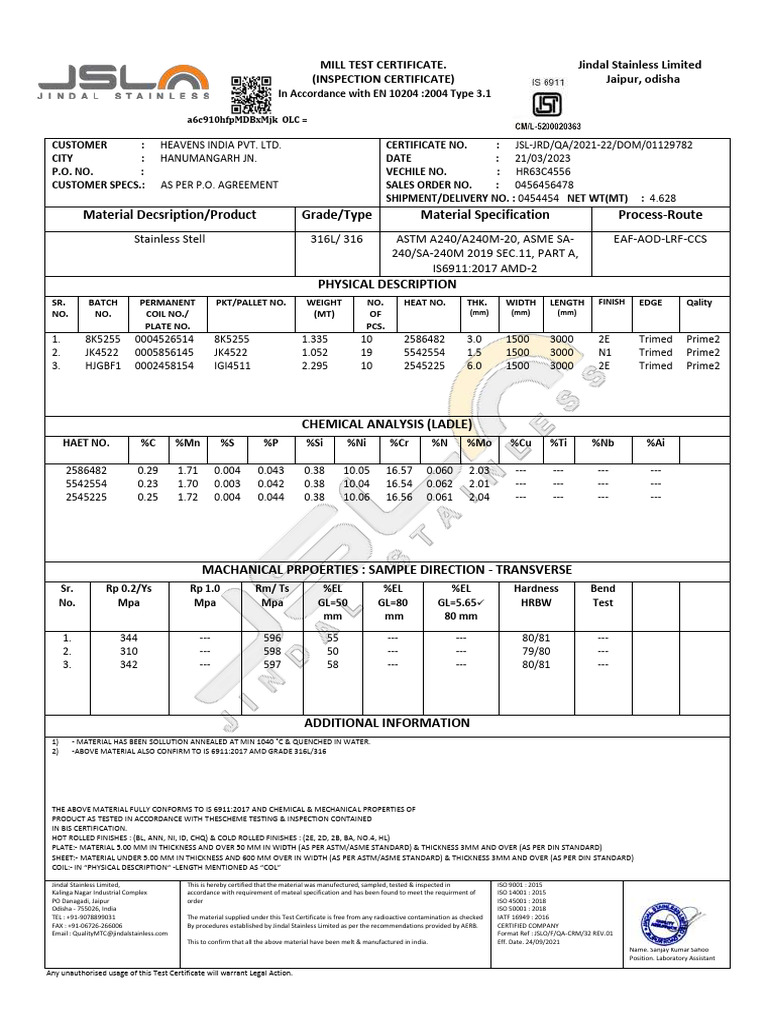 MTC of S.S.-316L Sheet - (3MM, 1.5MM, 6MM) | PDF | Metals | Building Materials
