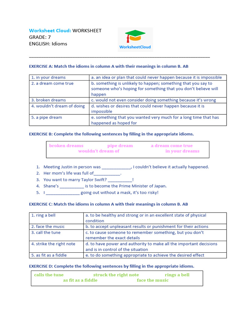 WSC Gr7 English Idioms 1 ws1 | PDF