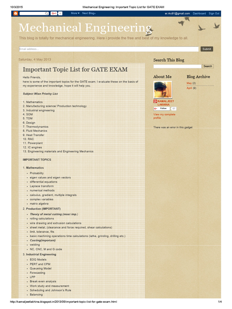 Mechanical Engineering - Important Topic List For GATE EXAM | PDF