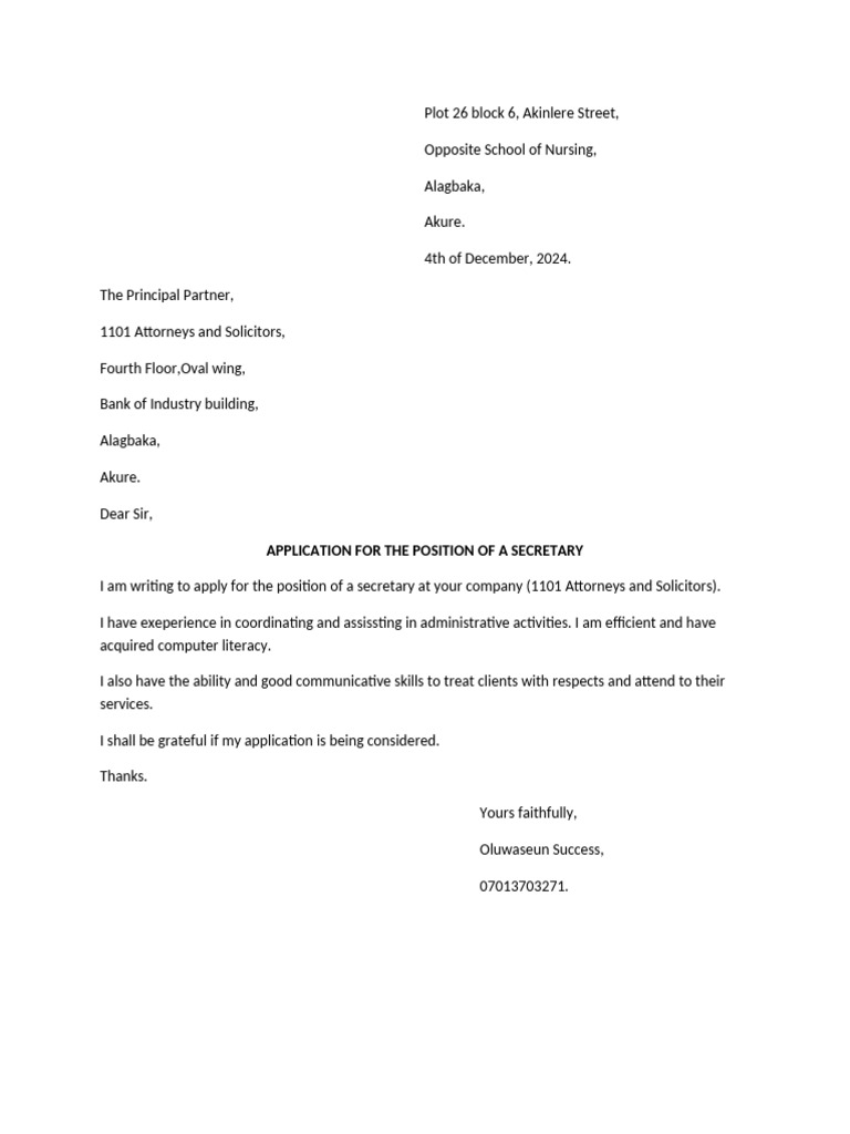Secretary Job Application Letter | PDF