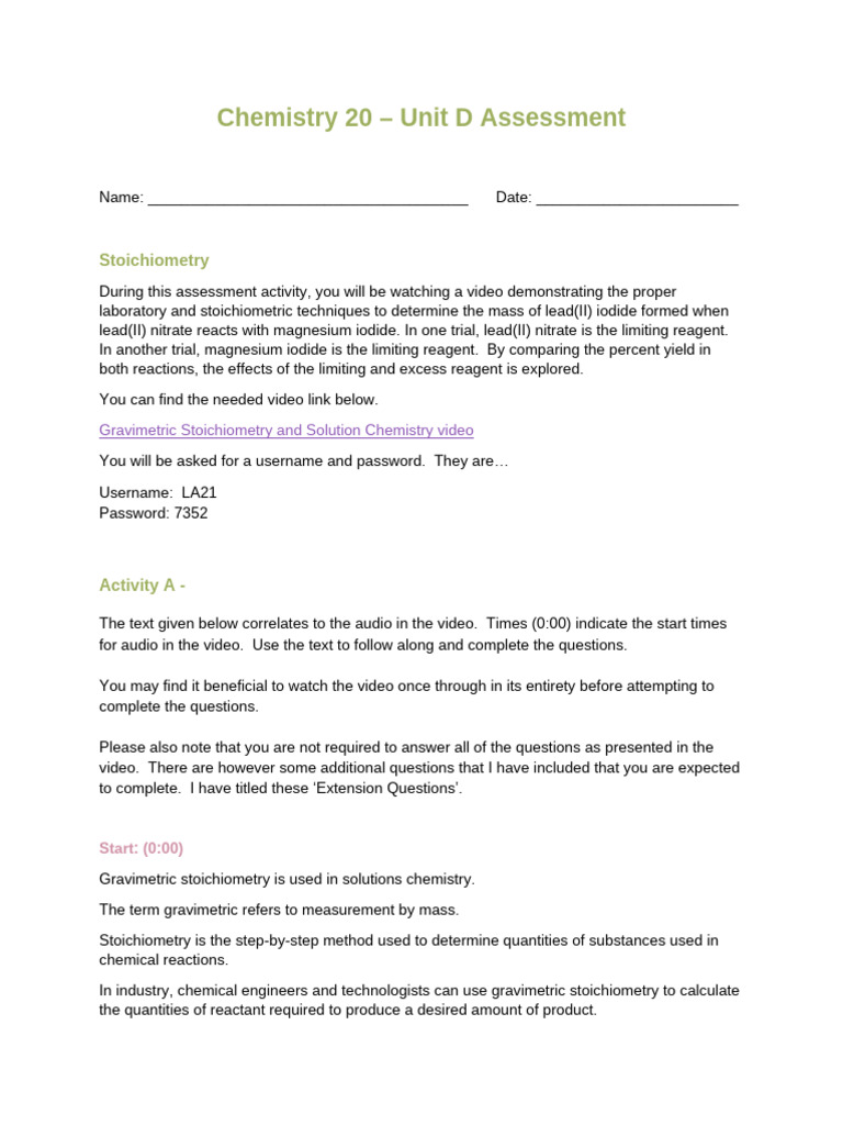 Stoichiometry Assessment: Lead Iodide Experiment | PDF | Stoichiometry ...
