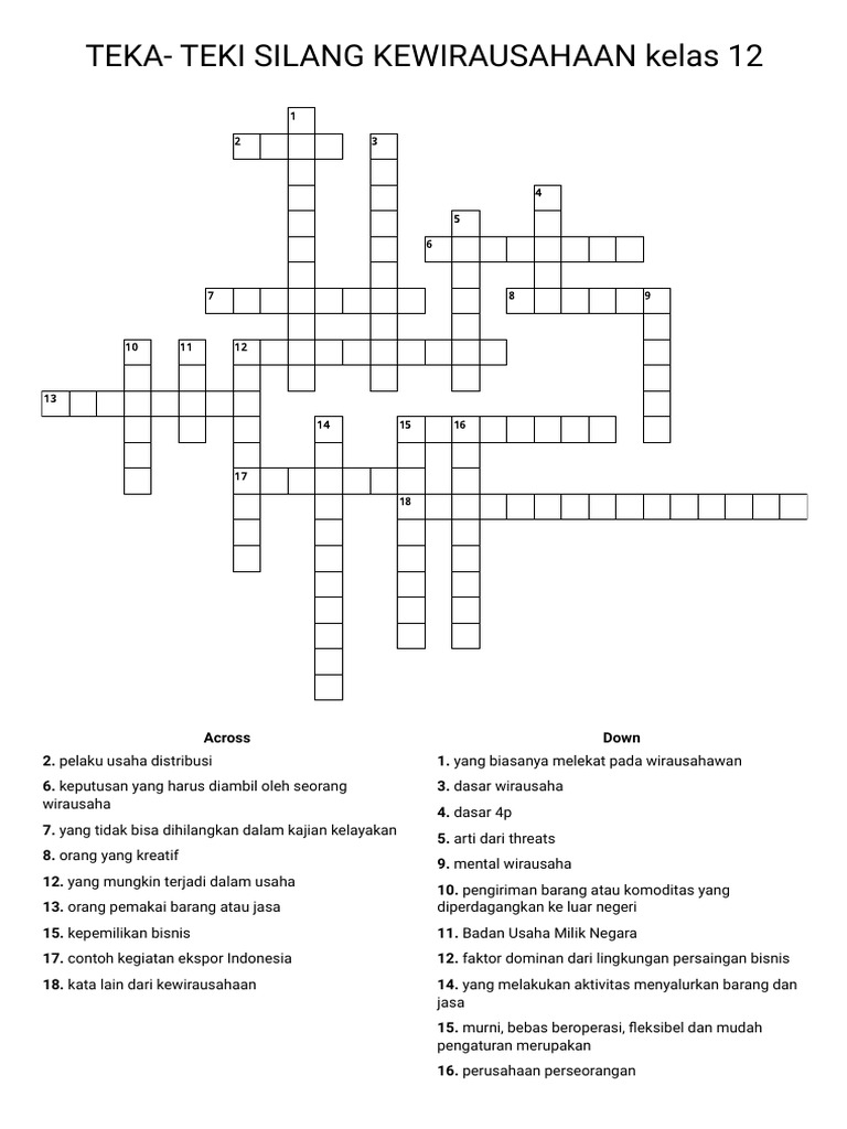 TEKA - TEKI SILANG KEWIRAUSAHAAN Kelas 12 - Crossword Labs | PDF
