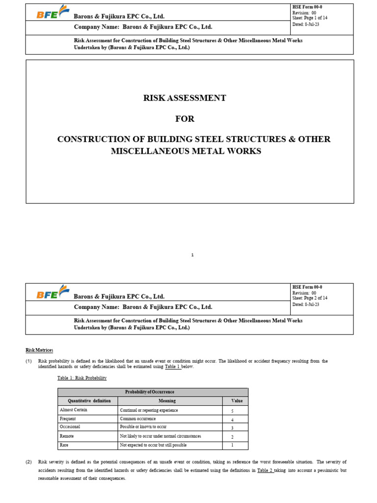 Risk Assessment For Construction of Building Steel Structures & Other ...