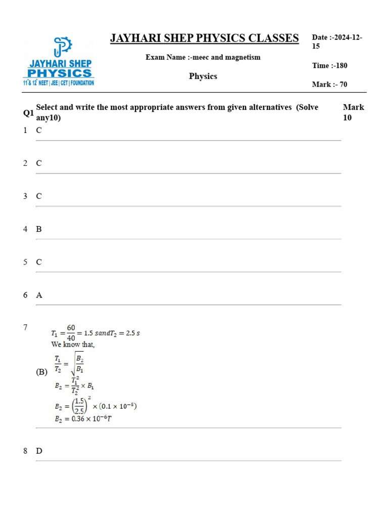 Meec and Magnetism Sol 15-12-24 | PDF | Magnetic Field | Magnetism