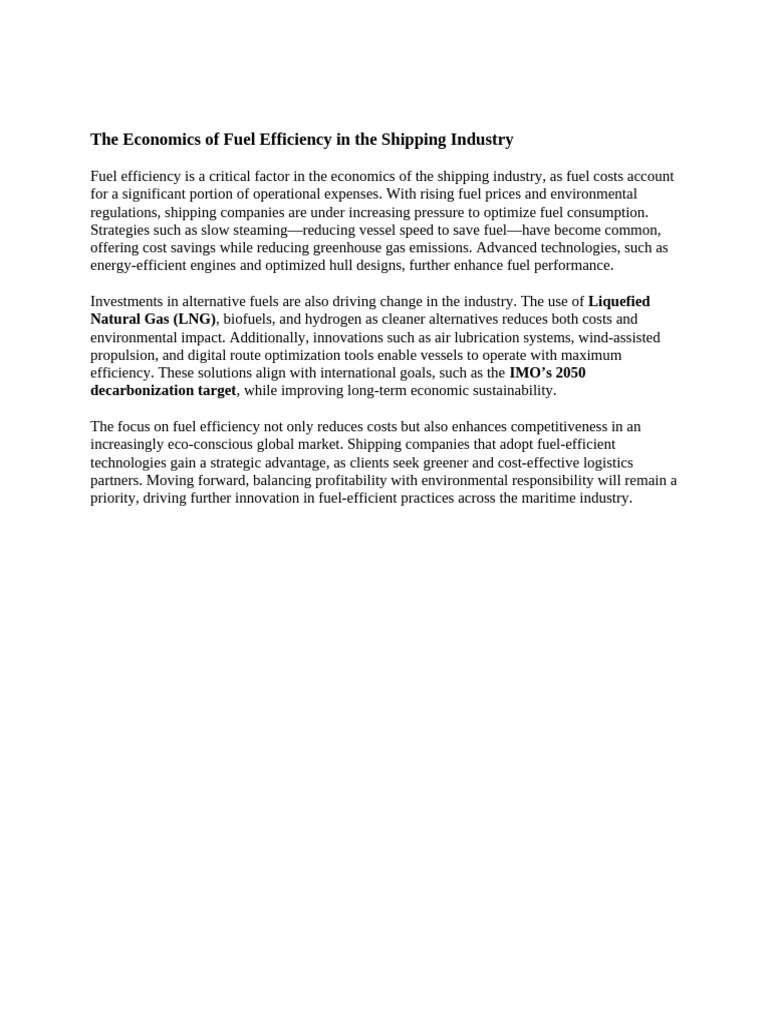 The Economics of Fuel Efficiency in The Shipping Industry | PDF