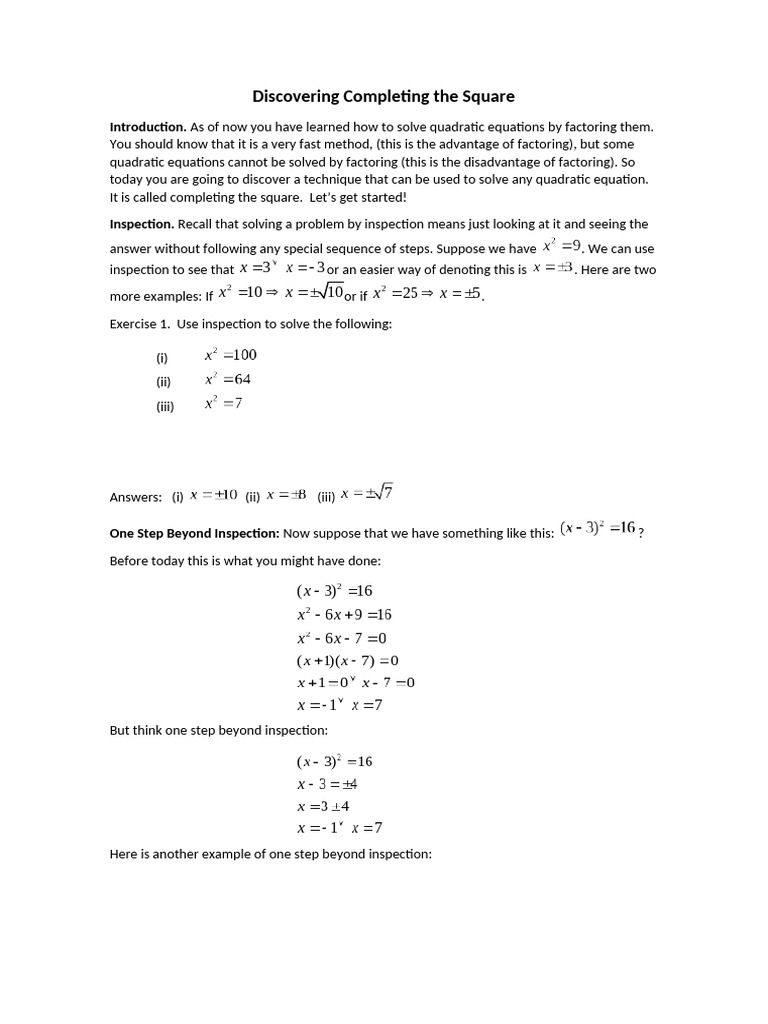 Discovering The Completing The Square | PDF | Quadratic Equation ...