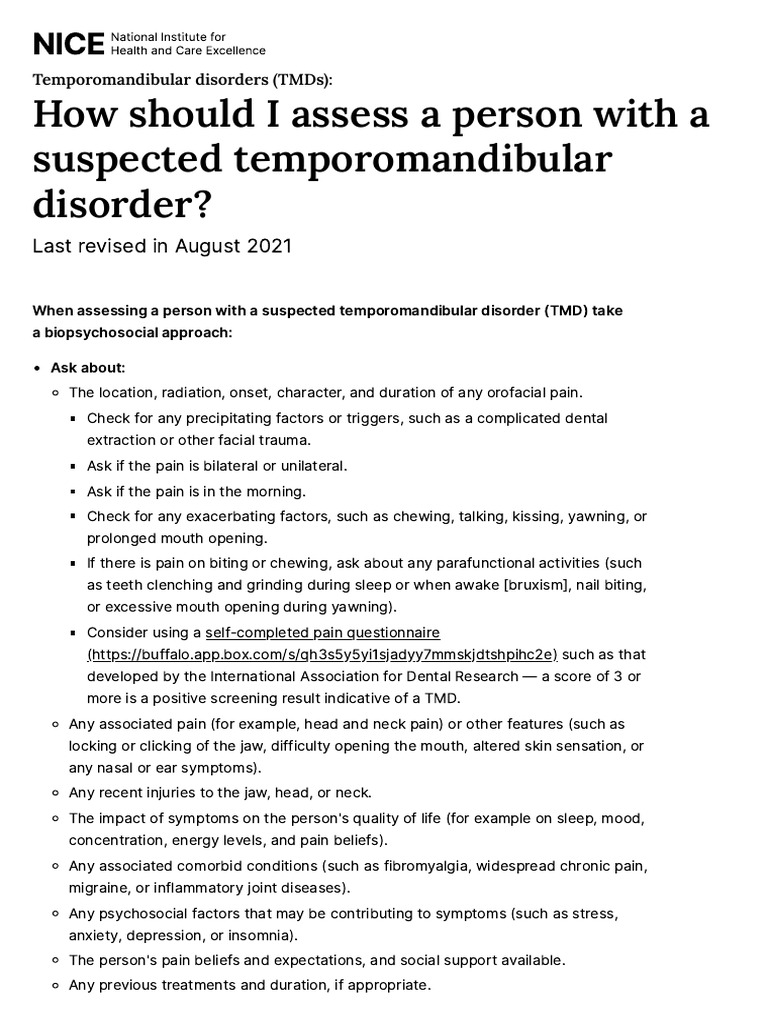 Assessment - Diagnosis - Temporomandibular Disorders (TMDS) - CKS ...