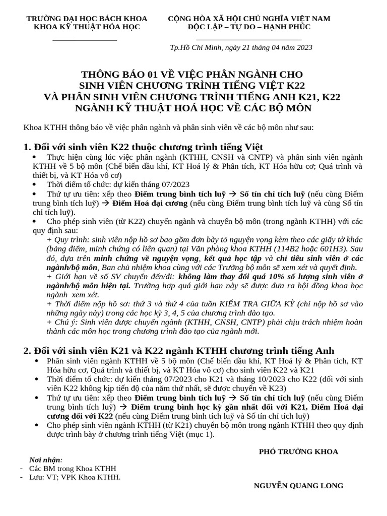 Thông Báo Phân SV Ngành KTHH K2022, K2021 Về 05 Bộ Môn | PDF