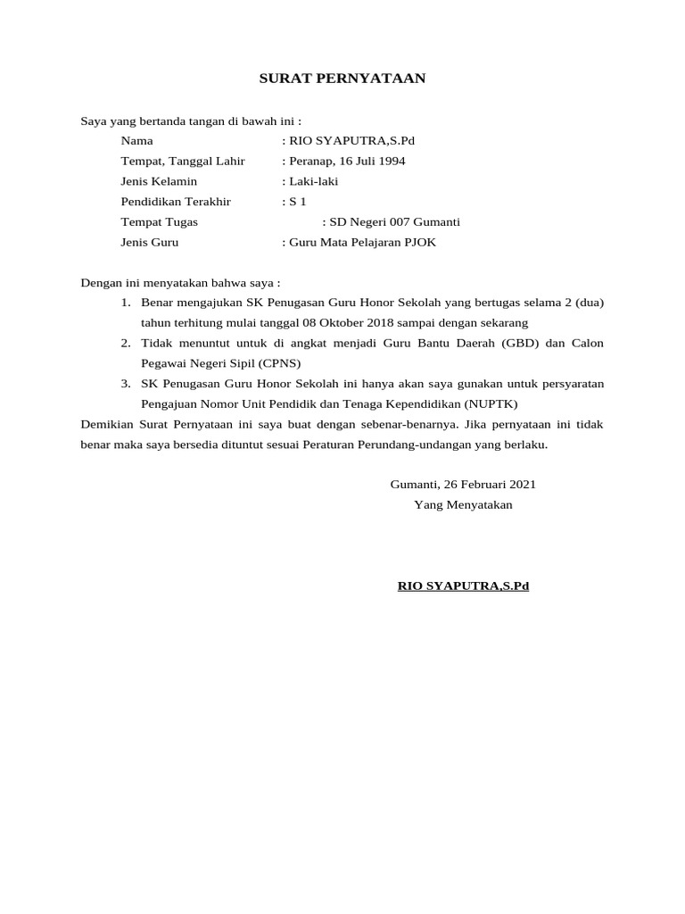 SURAT PERNYATAAN Untuk PENGAJUAN NUPTK | PDF
