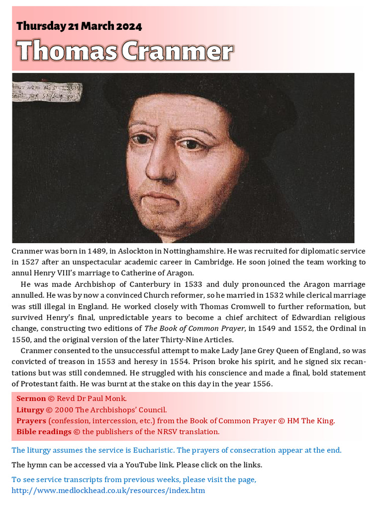 2024-03-21 - Thomas Cranmer | PDF | Eucharist | God The Father