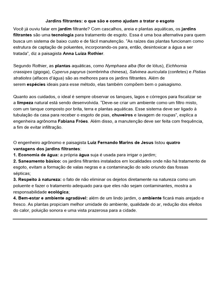 Jardins Filtrantes: Tratamento Ecológico de Esgoto | PDF