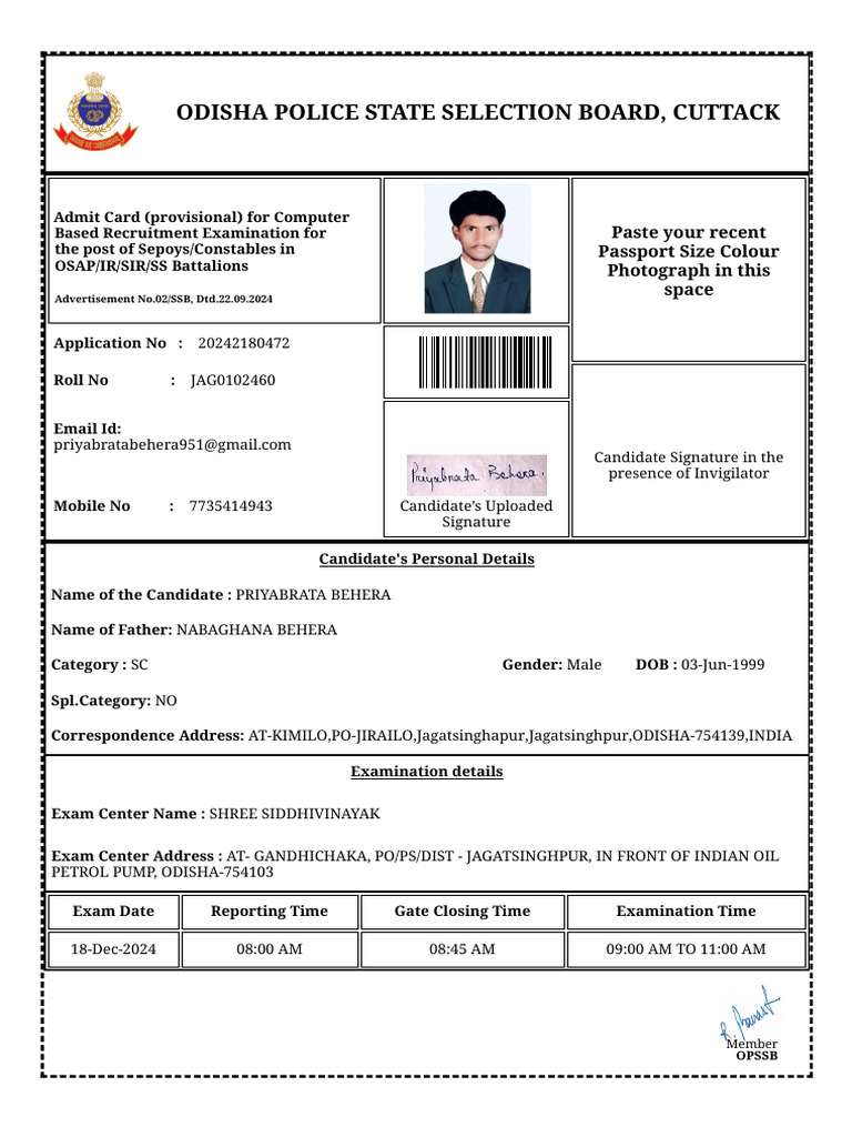 Opssb - Admit Card | PDF | Identity Document